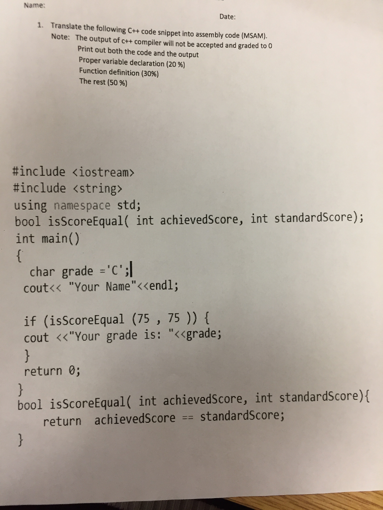 Name: Date: Translate the following C++ code snippet | Chegg.com