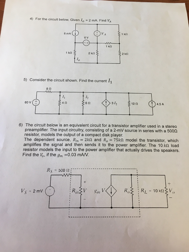 Solved 4) For the circuit below, Given Io 2 mA. Find VA 6 MA | Chegg.com