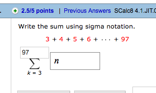 Solved Write the sum using sigma notation. 3+4 + 5 + 6+ ... | Chegg.com