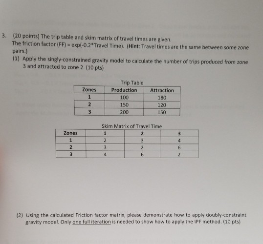 Solved (20 points) The trip table and skim matrix of travel | Chegg.com