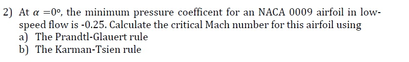 Solved 2) At ?-00, the minimum pressure coefficent for an | Chegg.com