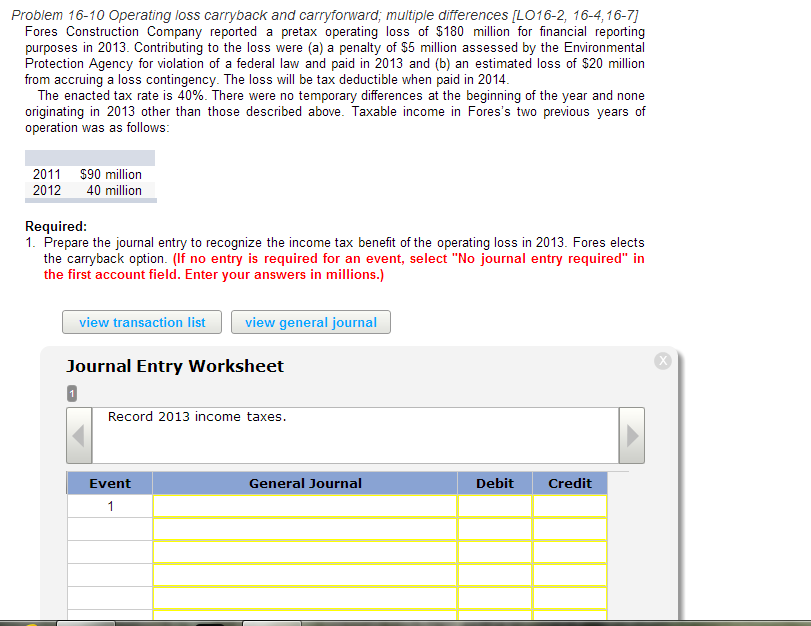 Solved Problem 16-10 Operating loss carryback and | Chegg.com