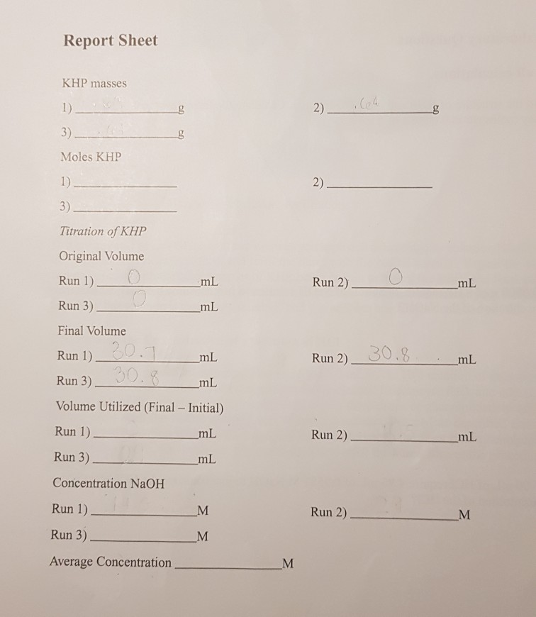 Solved Report Sheet KHP masses 2) 3) Moles KHP 1) 3) | Chegg.com
