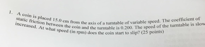 Solved A coin is placed 15.0 cm from axis of a turntable of | Chegg.com