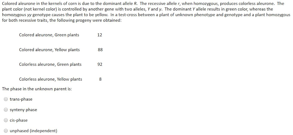 Solved Colored aleurone in the kernels of corn is due to the | Chegg.com