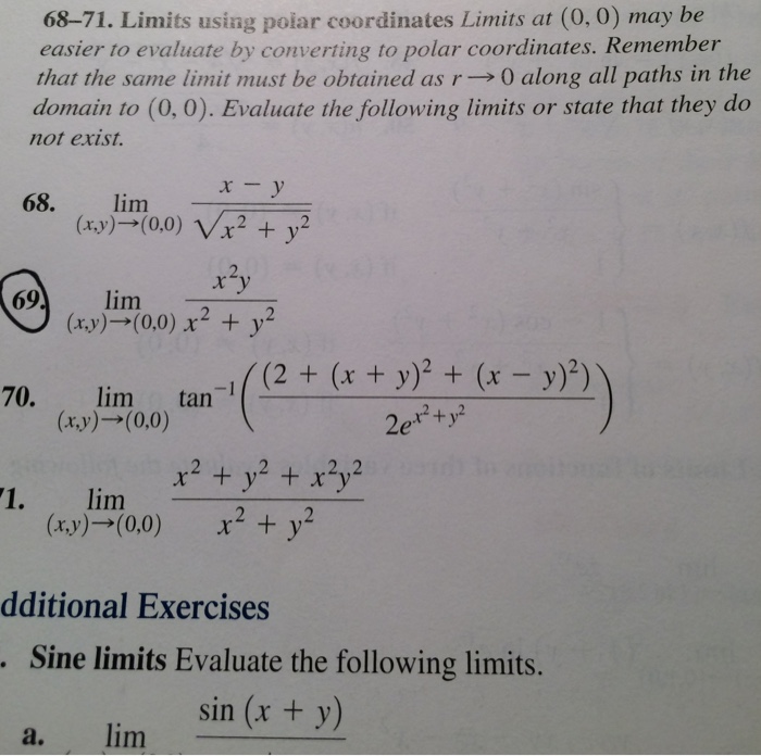 Solved Limits using polar coordinates Limits at (0, 0) may | Chegg.com