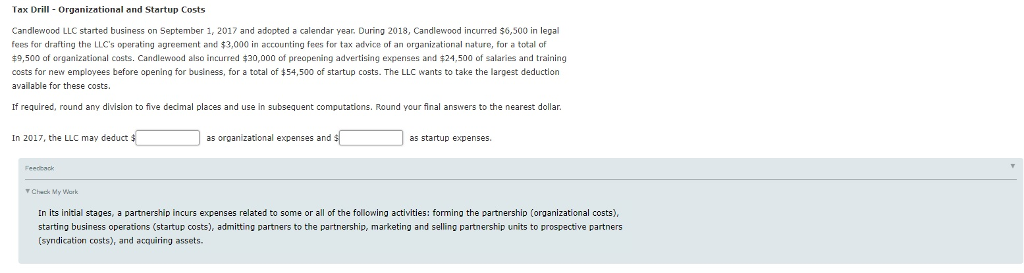 Tax Drill - Organizational and Startup Costs | Chegg.com