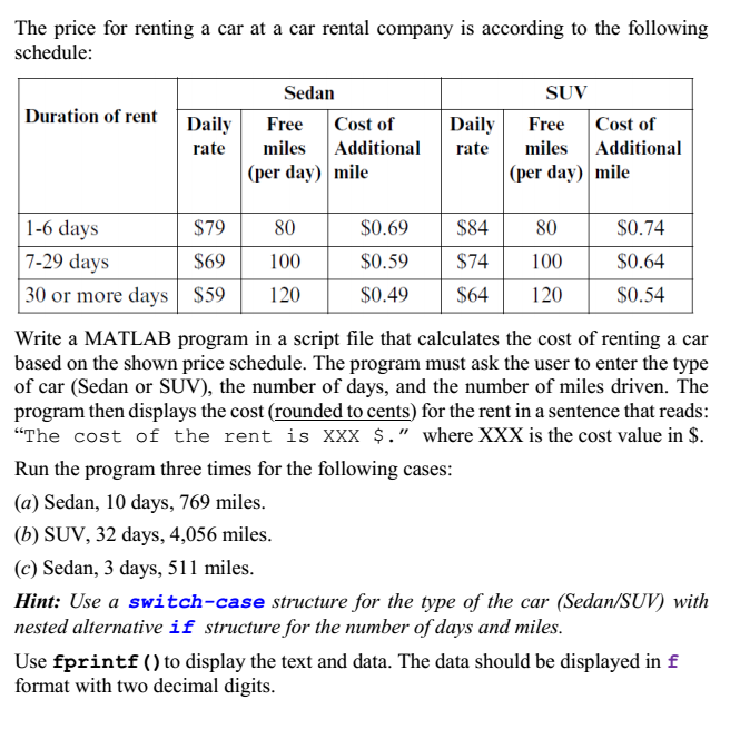Solved The Price For Renting A Car At A Car Rental Compan