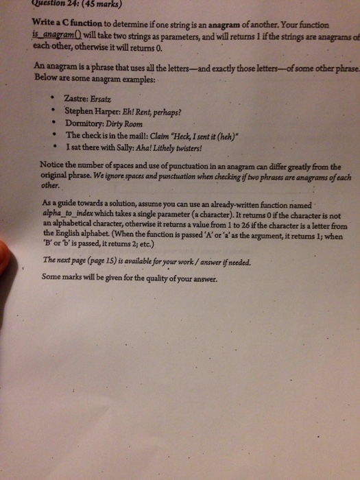 Solved Write a C function to determine if one string is an | Chegg.com