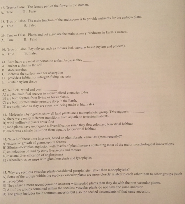 Solved True or False. The female part of the flower is the | Chegg.com