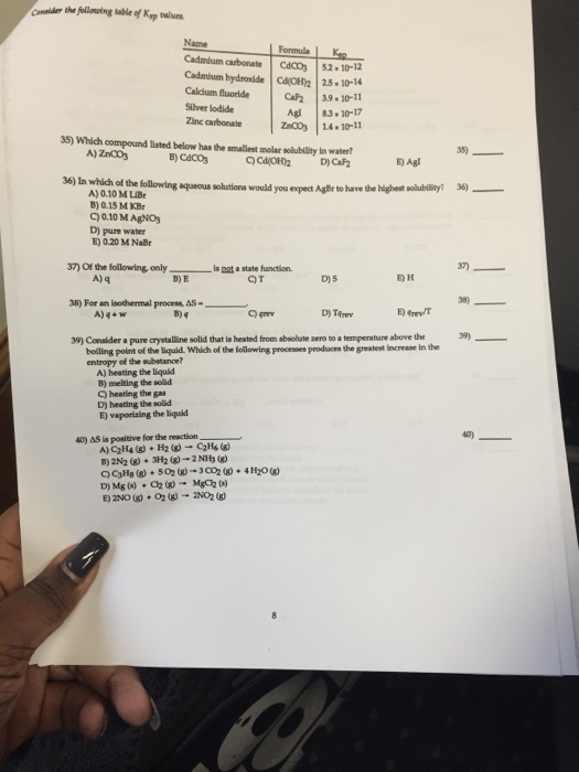 Solved Consider the following table of K_sp values Which | Chegg.com