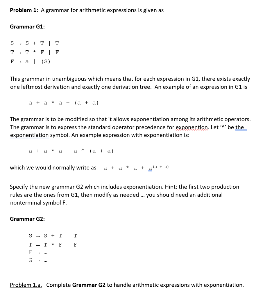 Solved Problem 1: A grammar for arithmetic expressions is | Chegg.com