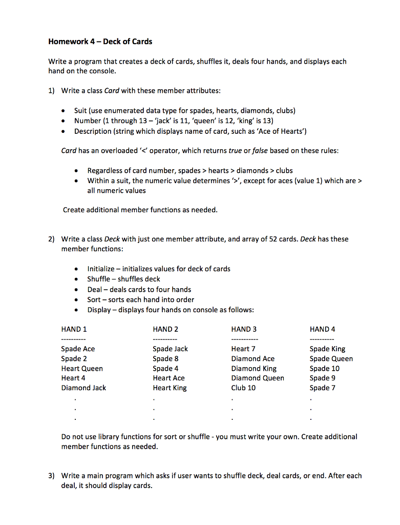 Homework 4- Deck of Cards Write a program that | Chegg.com