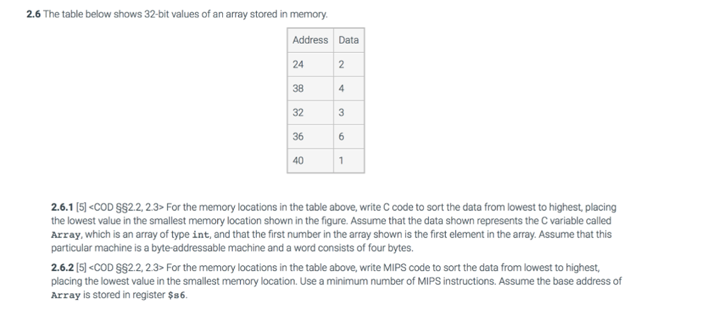 Solved 2.6 The table below shows 32-bit values of an array | Chegg.com