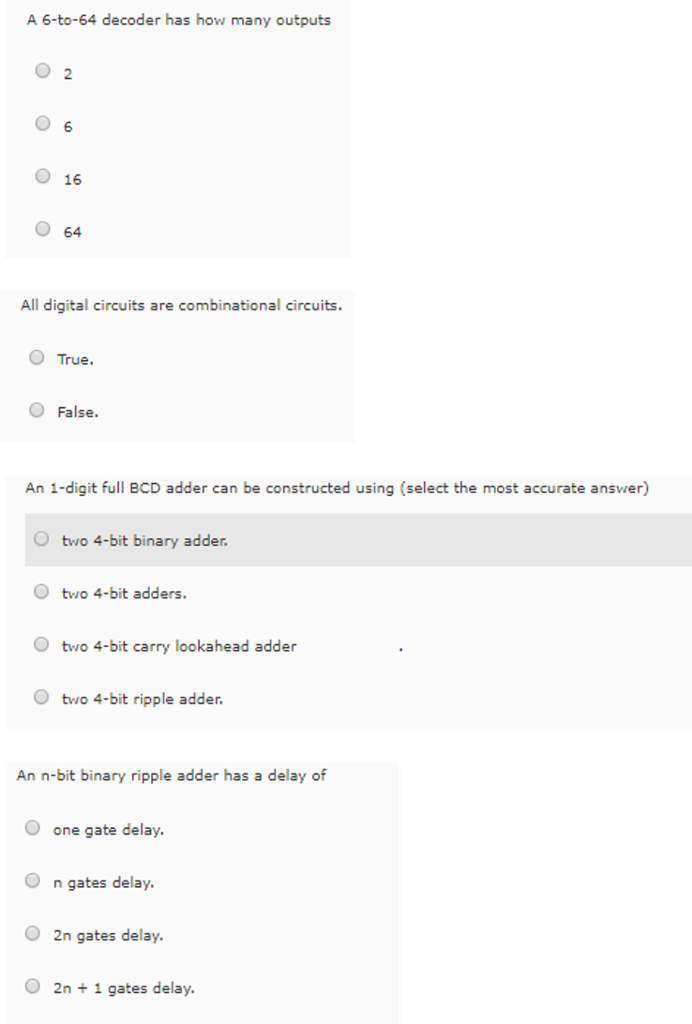 Solved A 6-to-64 decoder has how many outputs O 2 6 O 16 O | Chegg.com