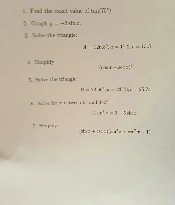 Solved Find the exact value of tan (75 degree). Graph y = | Chegg.com
