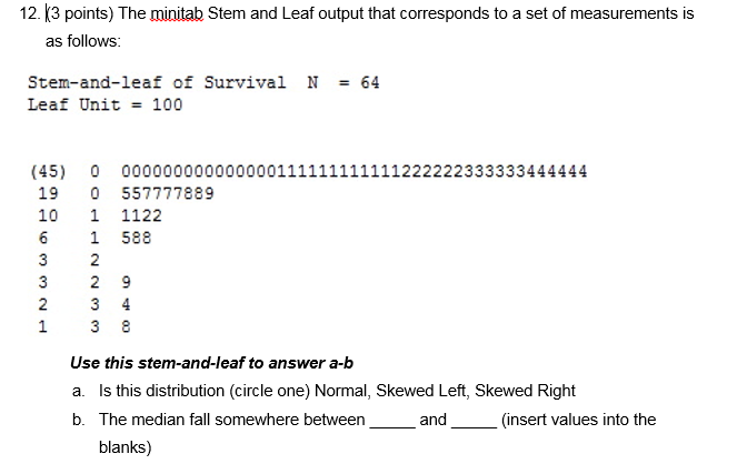Solved 12. (3 points) The minitab Stem and Leaf output that | Chegg.com