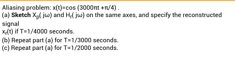 Solved Aliasing problem: x(t)-cos (3000Tut +/4) (a) Sketch | Chegg.com