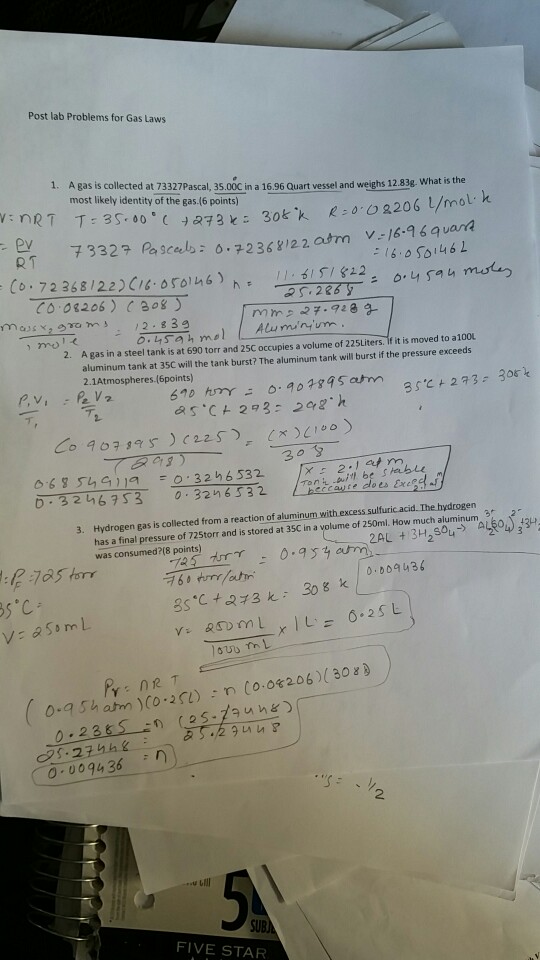 Solved Post lab Problems for Gas Laws 1. A gas is collected | Chegg.com