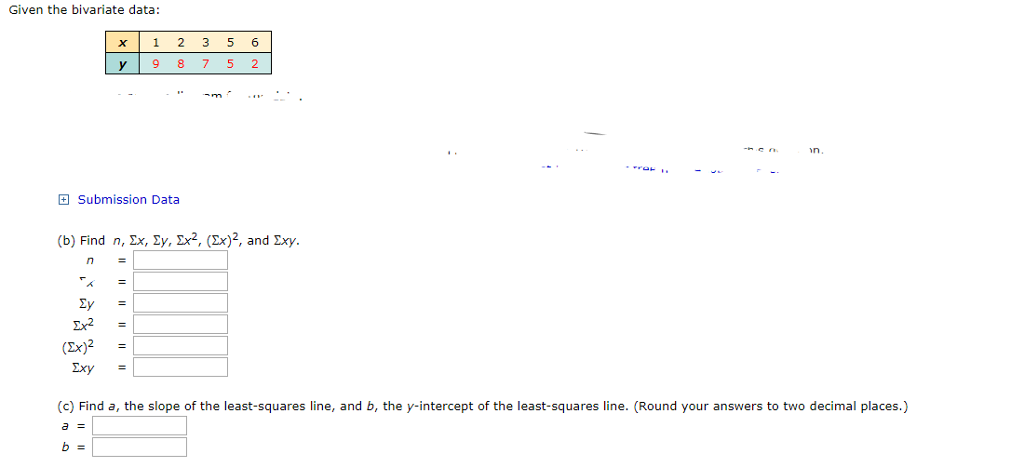 Solved Given the bivariate data: x 1 2 3 5 6 Submission Data | Chegg.com