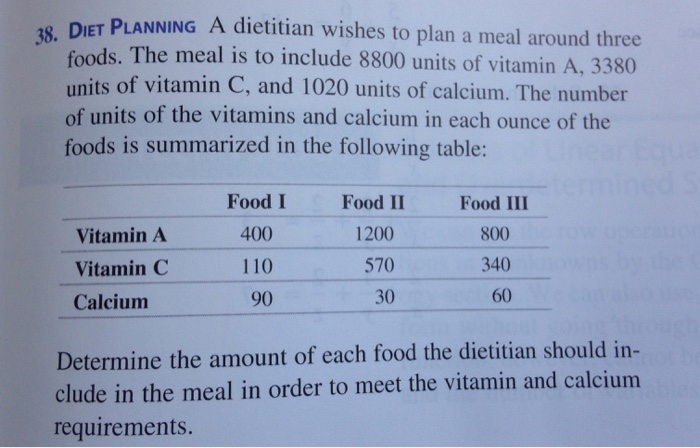 Solved 38. DIET PLANNING A dietitian wishes to plan a meal | Chegg.com