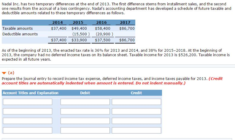 Solved Nadal Inc. has two temporary differences at the end | Chegg.com