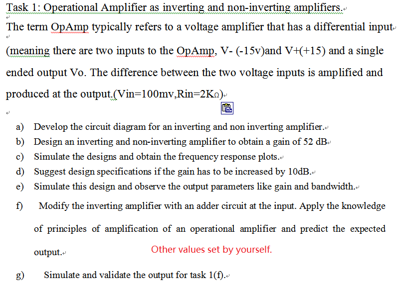Solved Task 1: Operational Amplifier as inverting and | Chegg.com