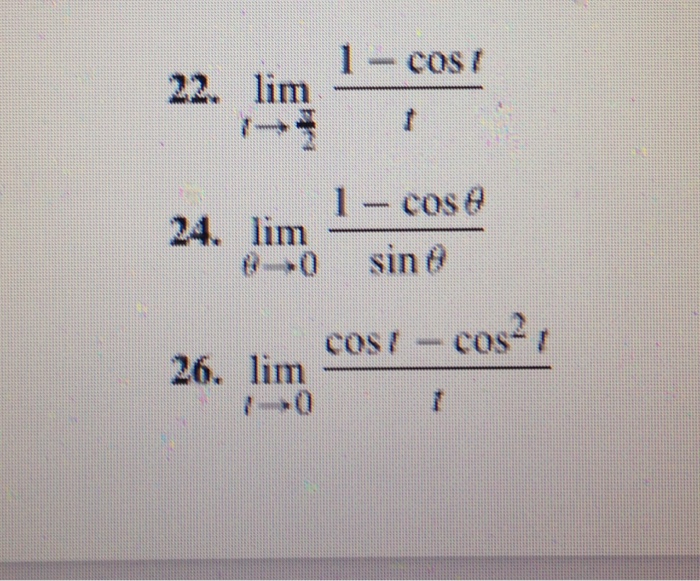 Solved Evaluate the limit lim_t rightarrow pi/2 1 - cos t/t | Chegg.com
