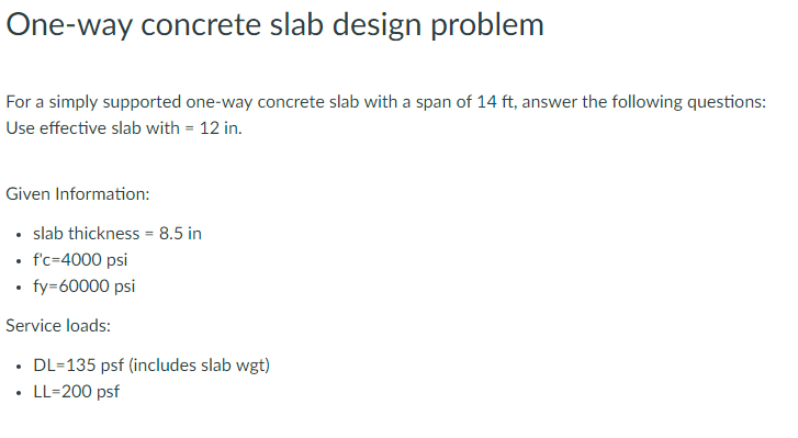 Solved One-way concrete slab design problem For a simply | Chegg.com
