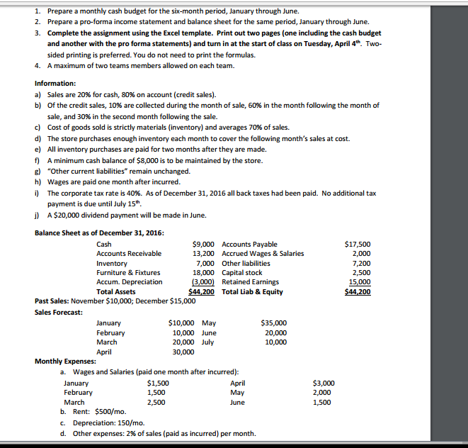 Solved Prepare a monthly cash budget for the six-month | Chegg.com