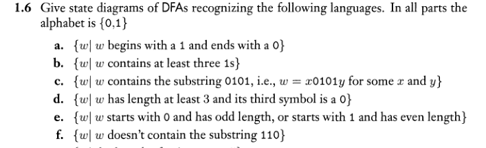 Solved 1.6 Give state diagrams of DFAs recognizing the | Chegg.com