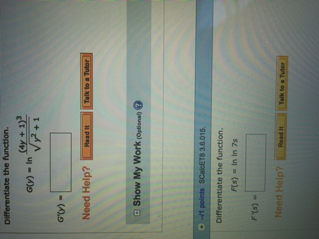 Solved: Differentiate The Function. G(y) = Ln (4y + 1)^3/S... | Chegg.com Solved: Differentiate The Function. G(y) = Ln (4y + 1)^3/S... | Chegg.com