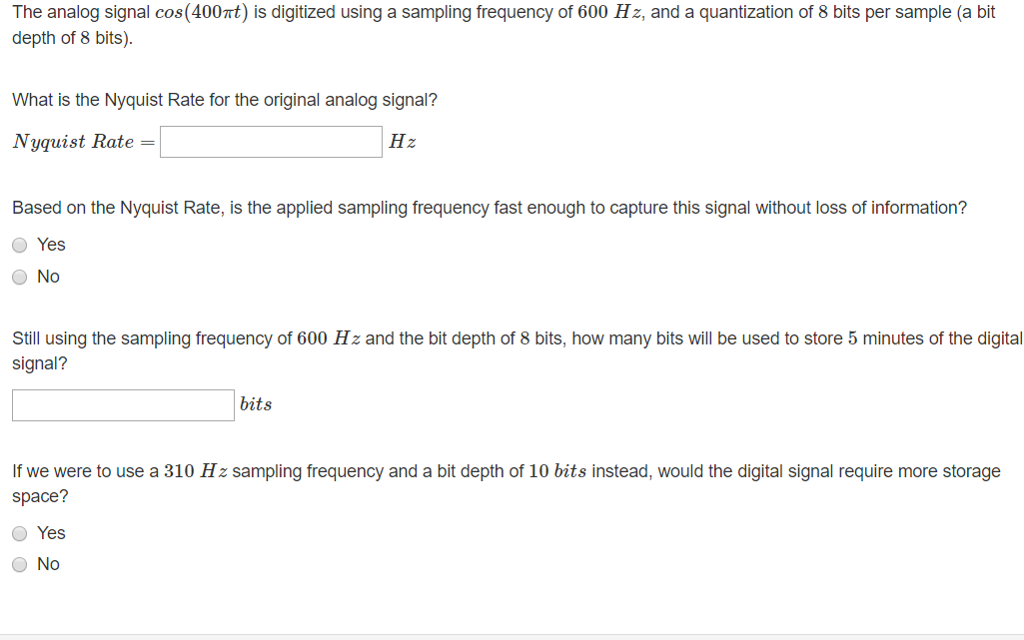 Solved The analog signal cos(400rt) is digitized using a | Chegg.com