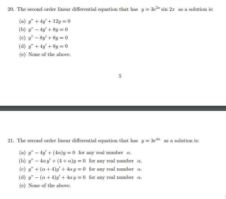 Solved 20. The second order linear differential equation | Chegg.com