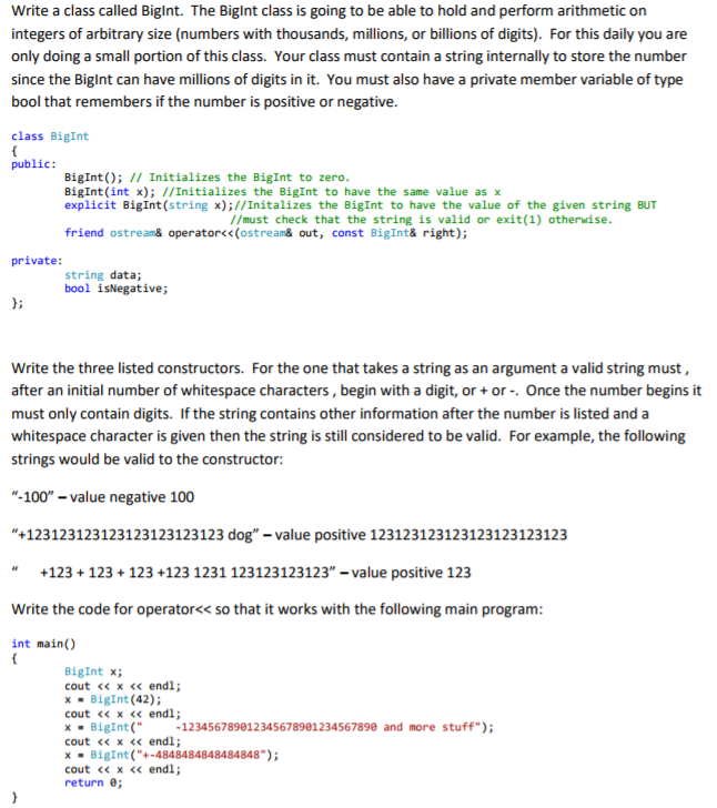 Solved Write a class called Biglnt. The Bigint class is | Chegg.com