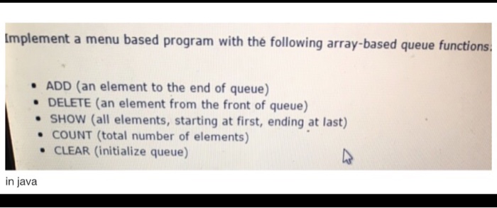 Solved Implement a menu based program with the following | Chegg.com Solved Implement a menu based program with the following | Chegg.com