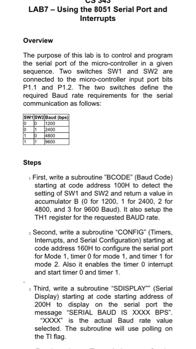 LAB7 Using the 8051 Serial Port and Interrupts | Chegg.com