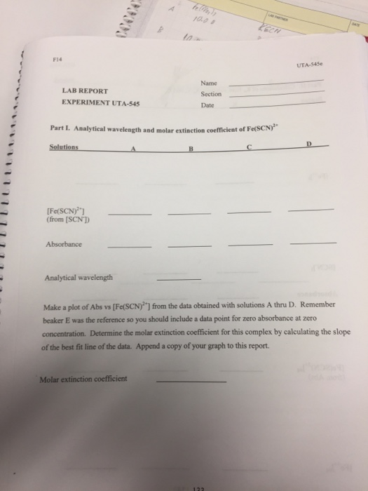 Solved UTA-545e LAB REPORT EXPERIMENT UTA-545 Part I. | Chegg.com