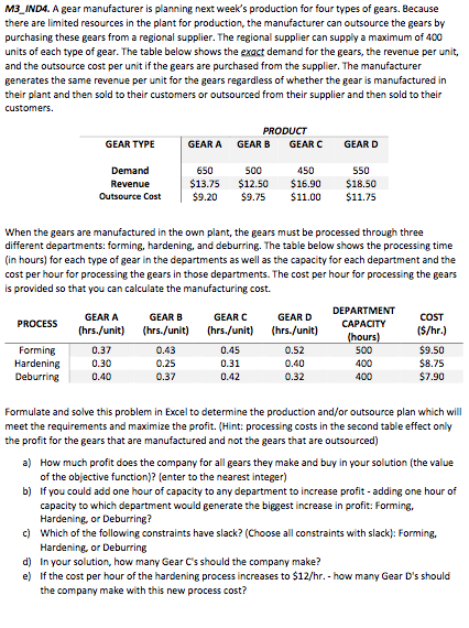 Solved A gear manufacturer is planning next week's | Chegg.com