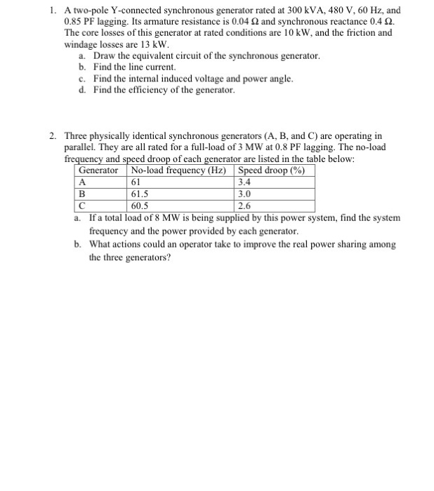 Solved A two-pole Y-connected synchronous generator rated at | Chegg.com