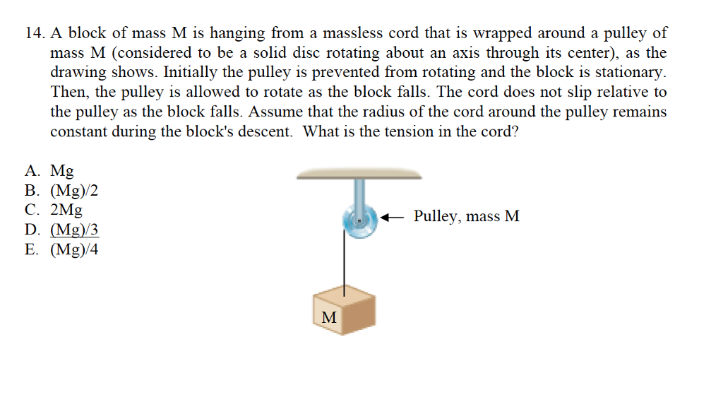 Solved A block of mass M is hanging from a massless cord | Chegg.com