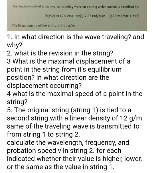 Solved The displacement of a transverse traveling wave on a | Chegg.com