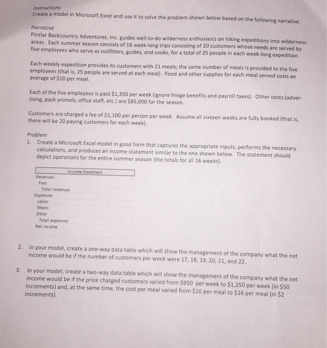 Solved Instructions Create A Model In Microsoft Excel And Chegg