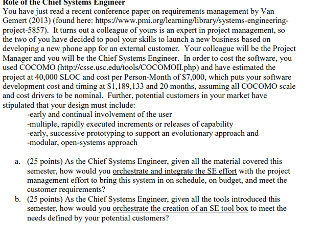 Role of the Chief Systems Engineer You have just read | Chegg.com