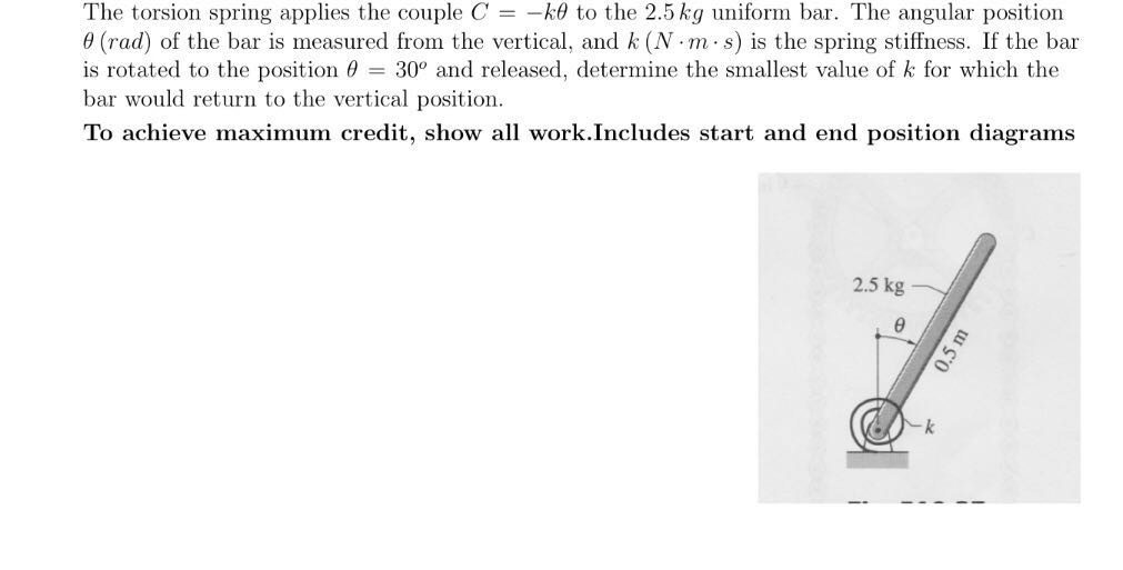 Solved The torsion spring applies the couple C = - k theta | Chegg.com