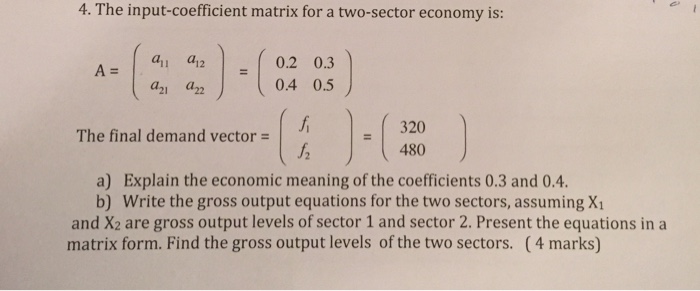Solved The input-coefficient matrix for a two-sector economy | Chegg.com