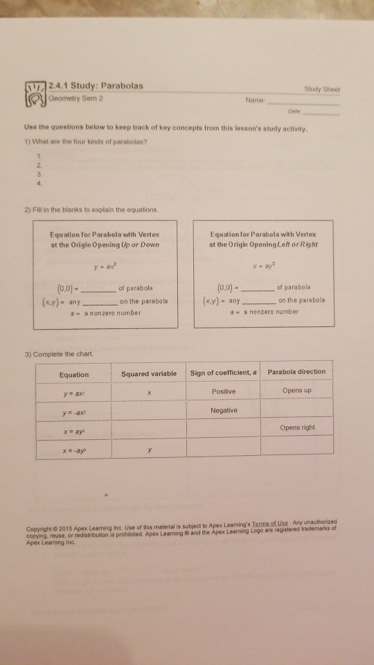 Solved 2.4.1 Study: Parabolas Geometry Sem 2 Study Sheet | Chegg.com