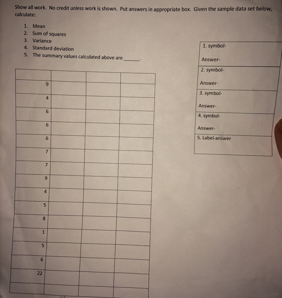 Solved Given the sample data set below, calculate: Mean | Chegg.com