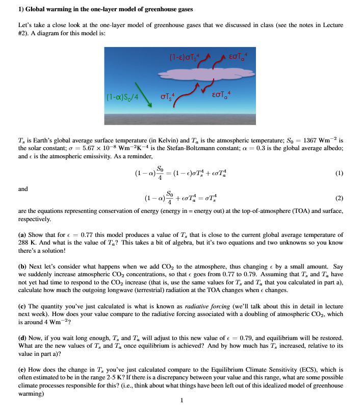 1) Global warming in the one-layer model of | Chegg.com