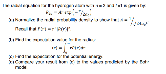 Solved The radial equation for the hydrogen atom with n 2 | Chegg.com